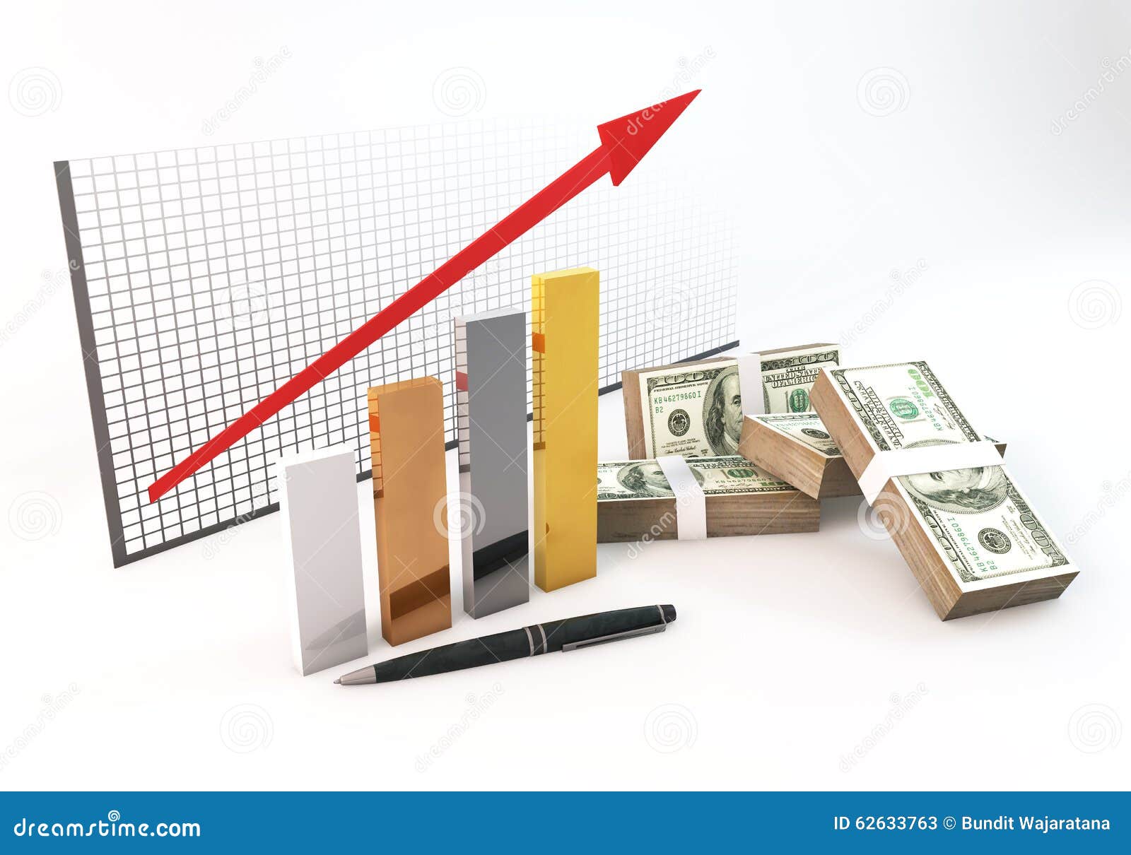 3d Bar Graph Growth Up of Investment with Money 100 Dollar Mass Stock ...