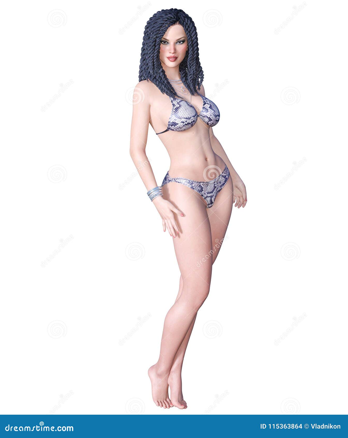 3d Beautiful Dark Haired Woman Swimsuit Bikini Stock Illustration