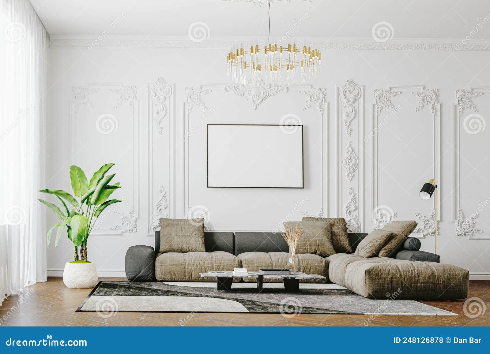 3d Beautiful Interior Design, Mock with Empty Frame Stock Illustration ...