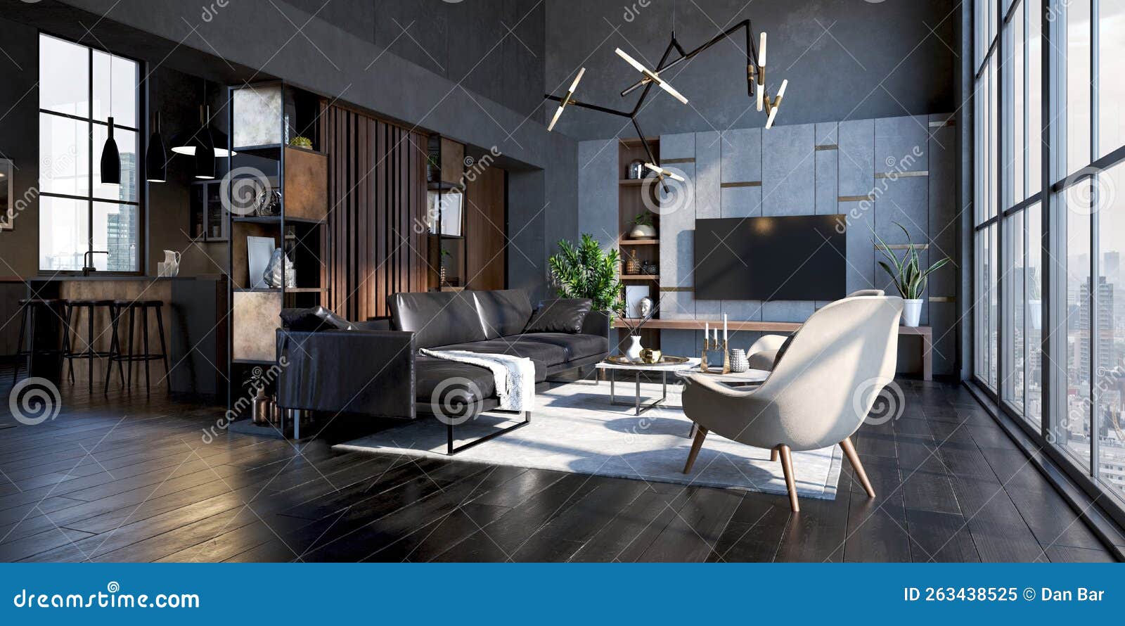 3d Beautiful Modern Interior Render, Open Space and Natural Light Stock ...