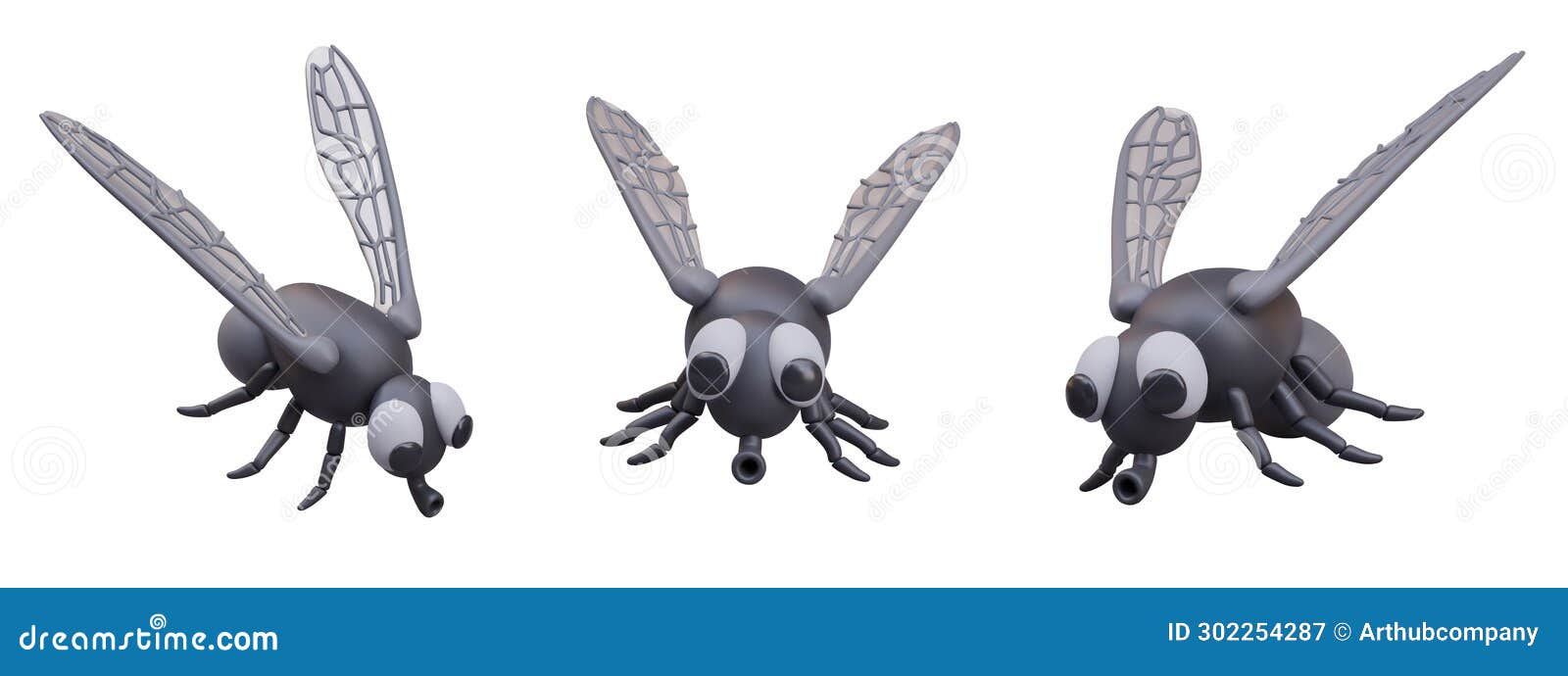 3D Black Fly, View from Different Sides. Set of Vector Houseflies with ...