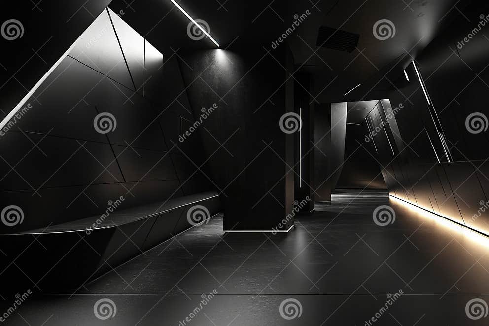 A 3D Black Interior with Sharp, Angular Walls and Floating Panels. the ...