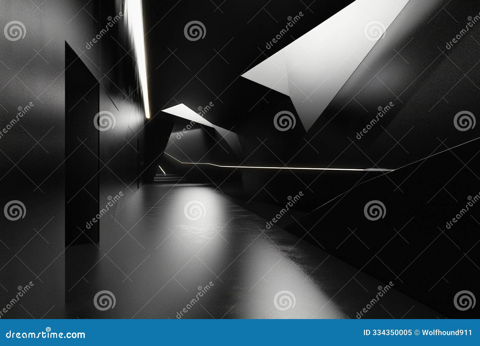 A 3D Black Interior with Sharp, Angular Walls and Floating Panels. the ...