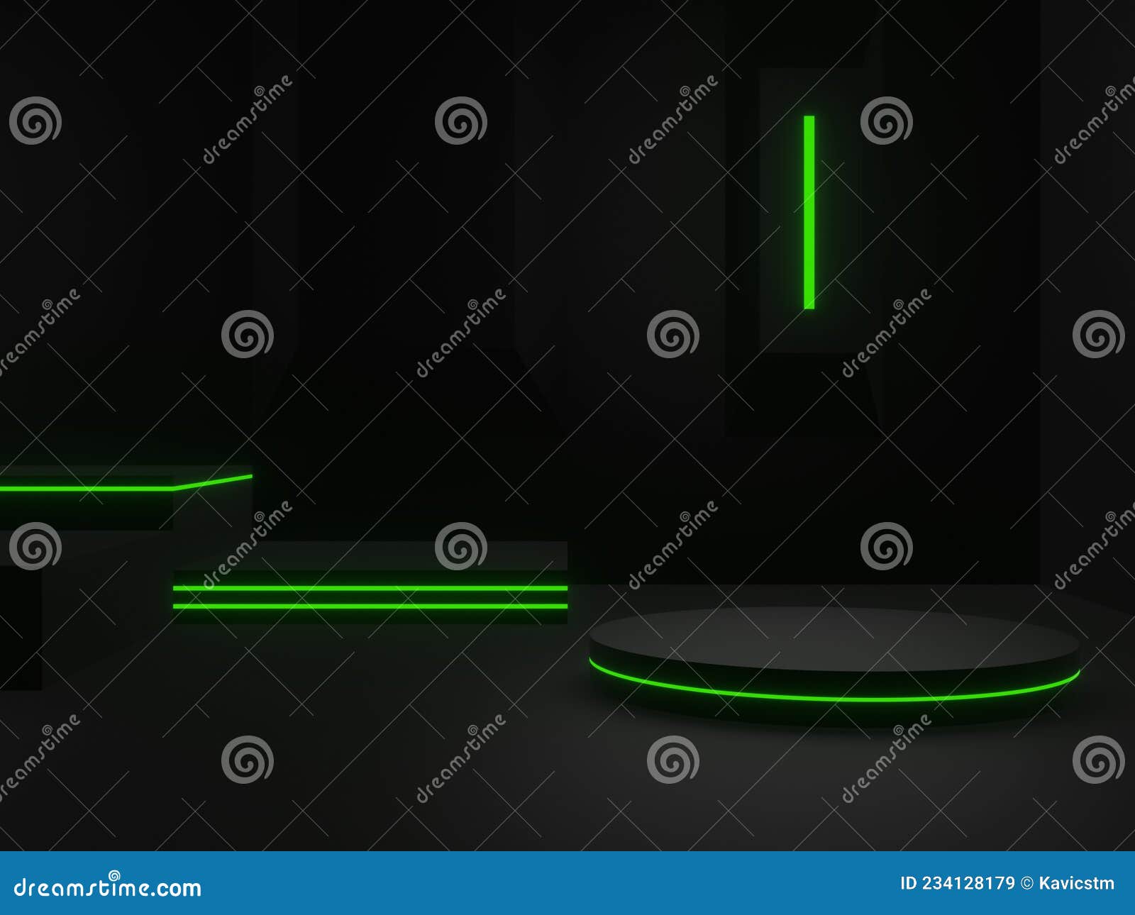 3D Black Scientific Stage with Green Neon Lights . Dark Background ...