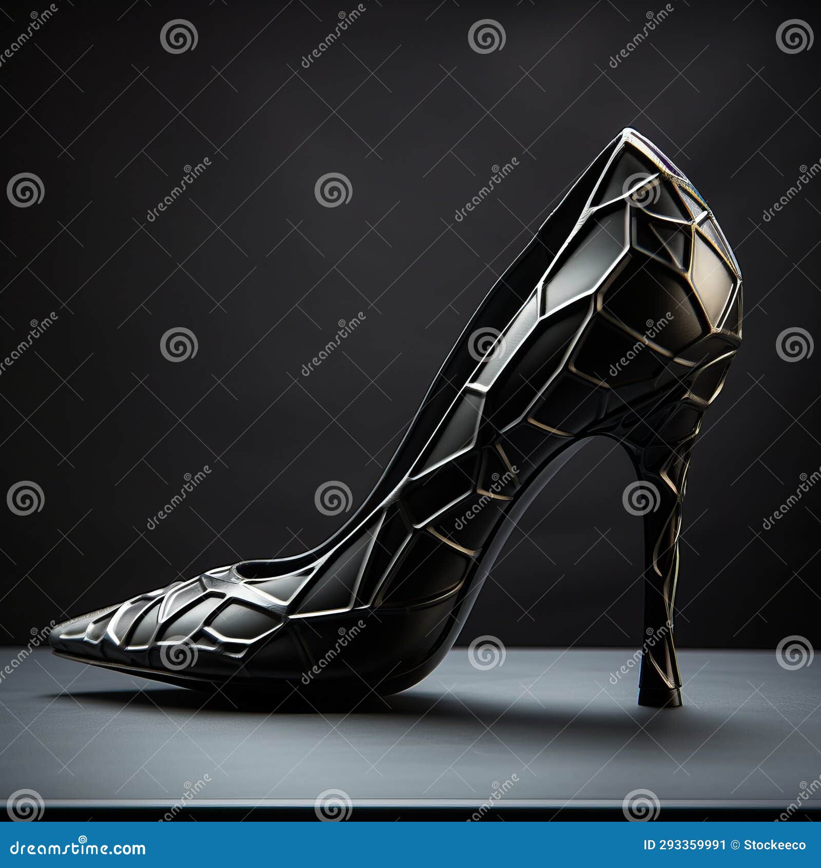 Chromatic Sculptural Slabs: Black Leather Stiletto Shoe on Dark ...