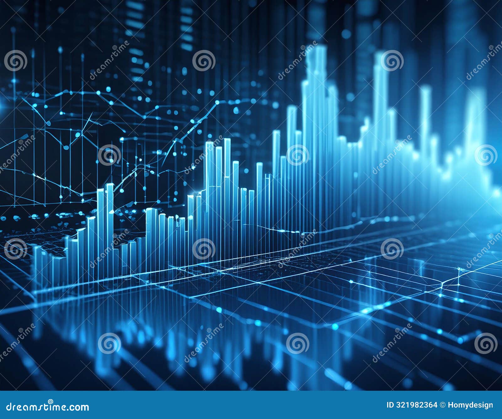 3D Blue Bar Chart with Glowing Grid and Line Graphs Stock Illustration ...