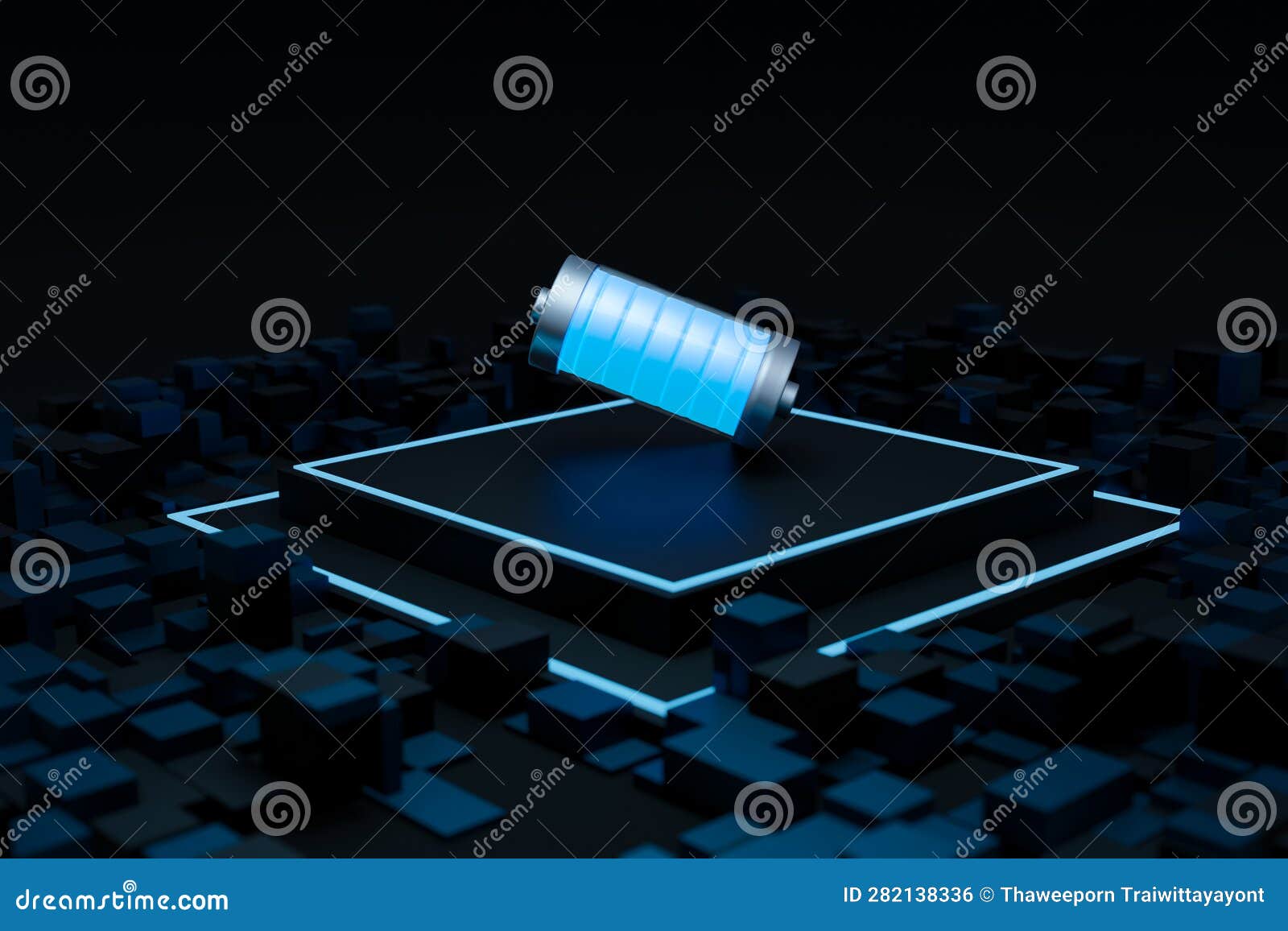 3D Blue Battery with Technology Background. Research and Development ...