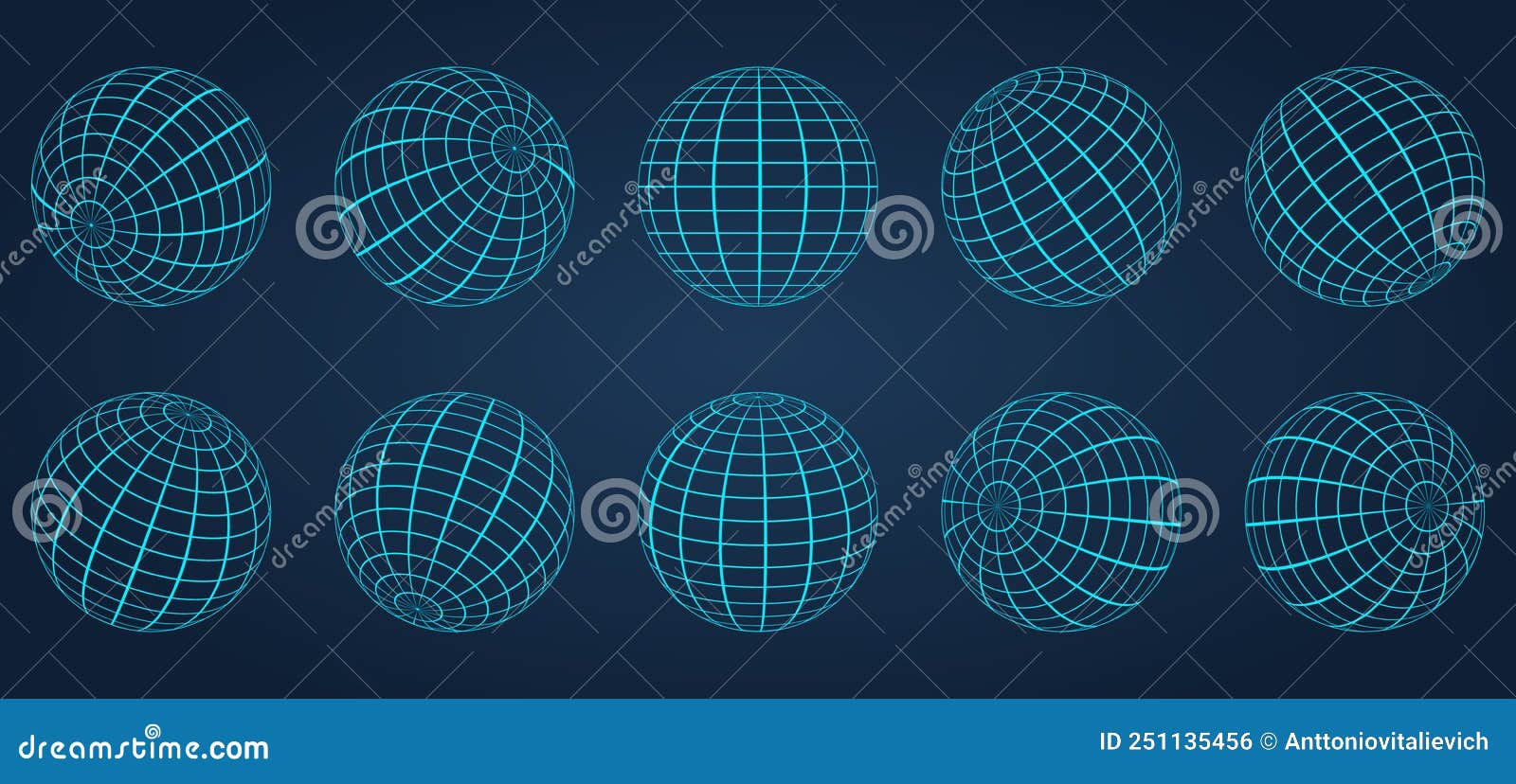 3D Blue Globe Grid Sphere Set on Dark Background. Geometric Round Grid ...