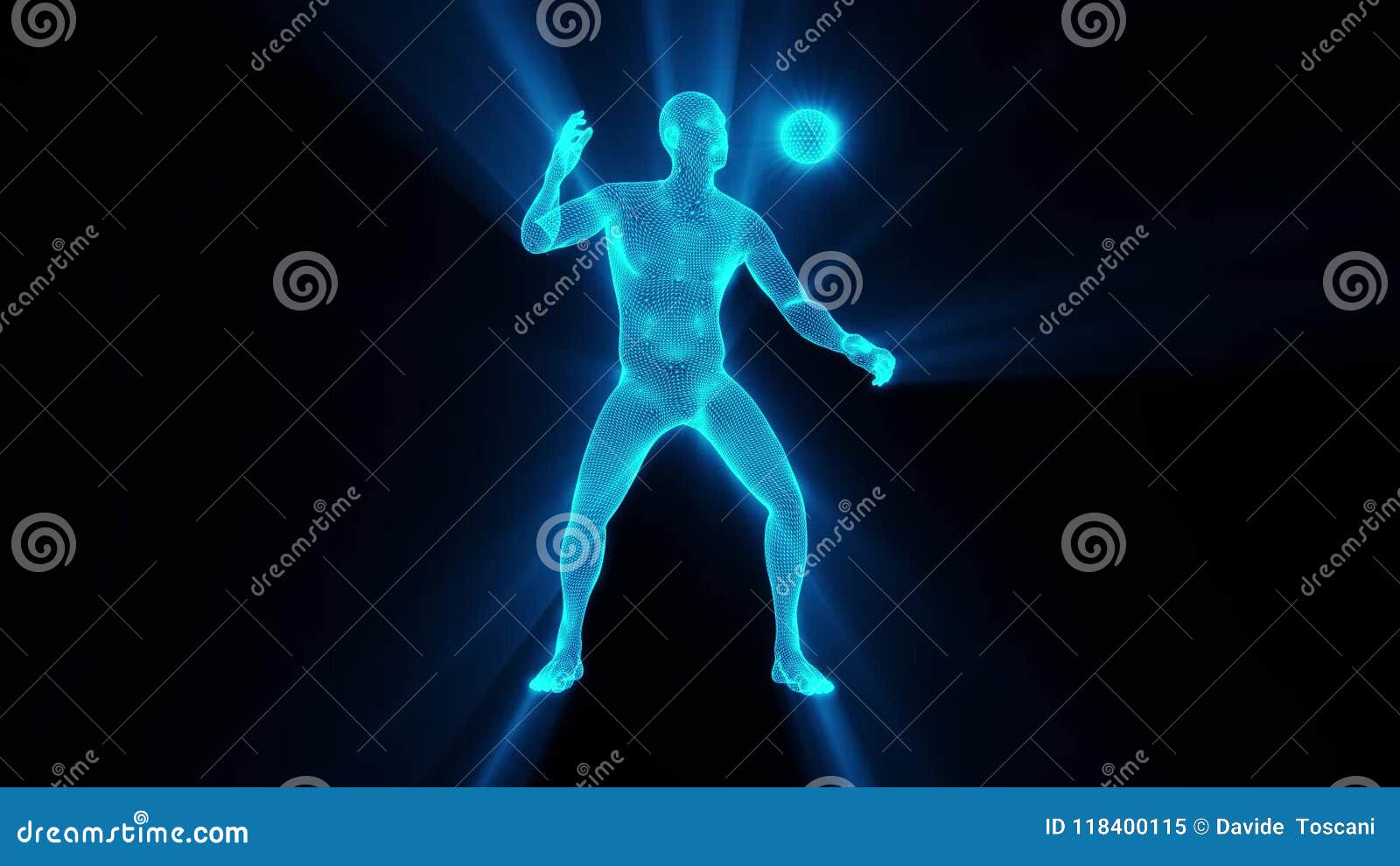3D Blue Wireframe Man with Sphere Loop Graphic Element& Light Rays ...
