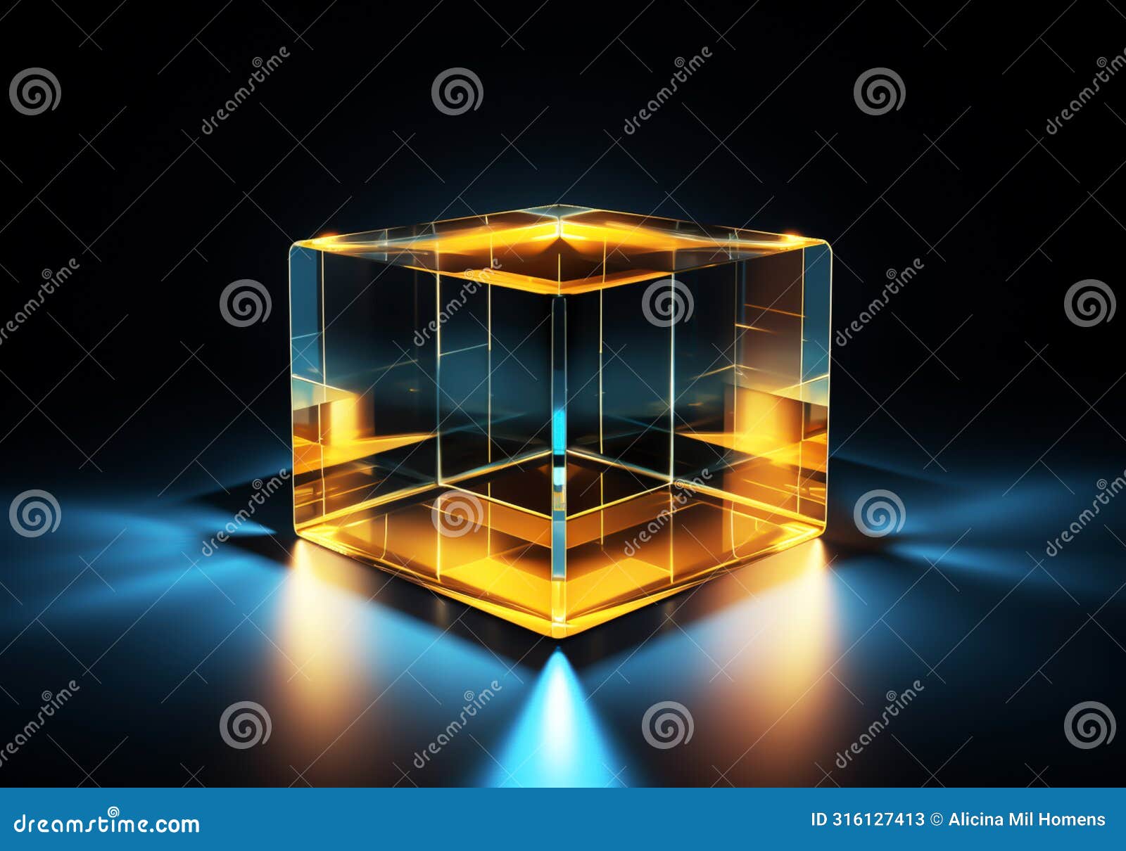 3D Blue and Yellow Cube with Refraction and Holographic Effect Light on ...