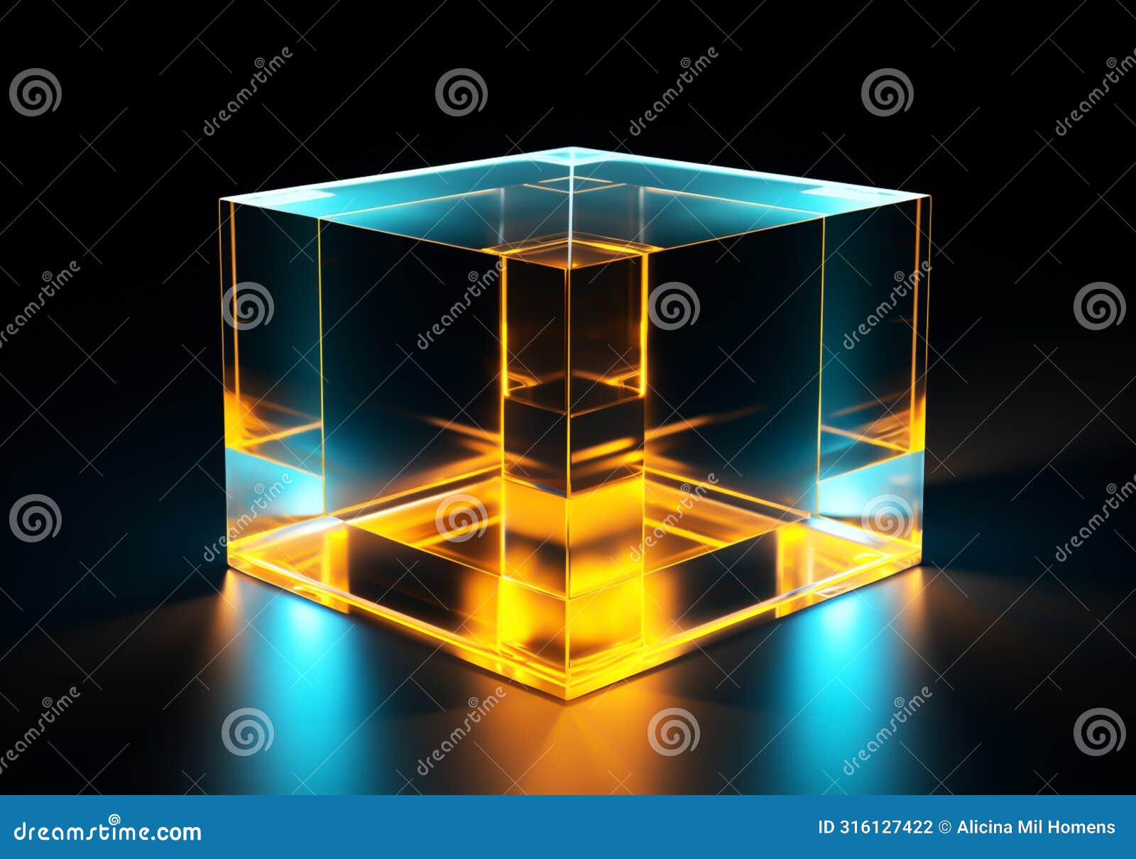 3D Blue and Yellow Cube with Refraction and Holographic Effect Light on ...