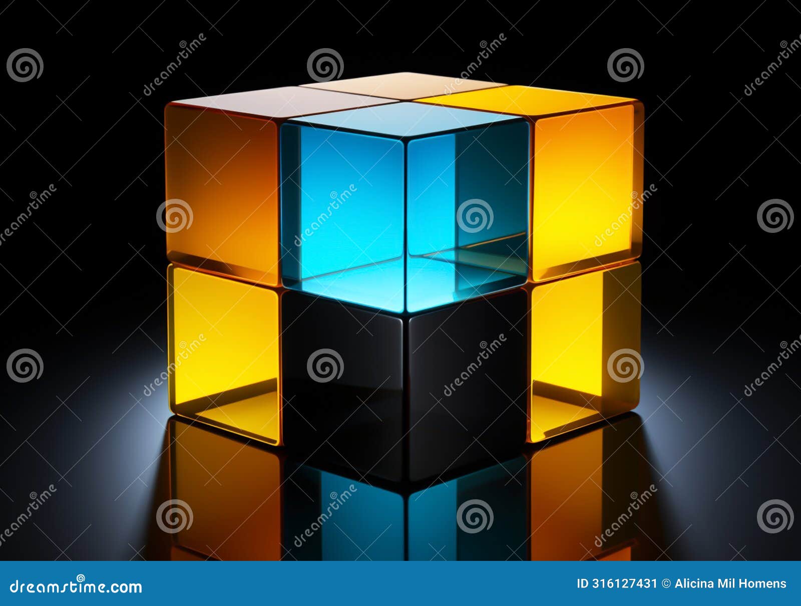 3D Blue and Yellow Cube with Refraction and Holographic Effect Light on ...