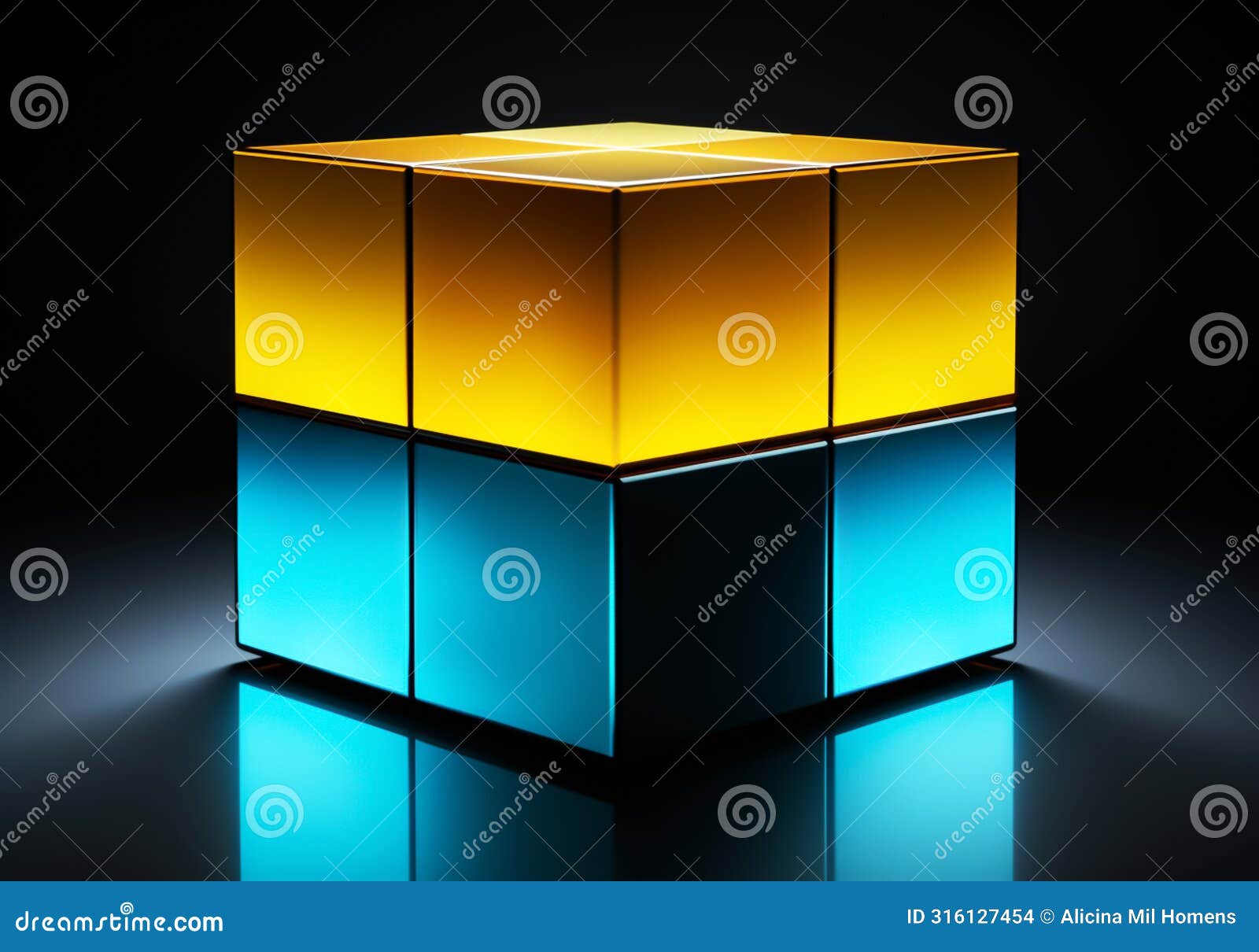3D Blue and Yellow Cube with Refraction and Holographic Effect Light on ...