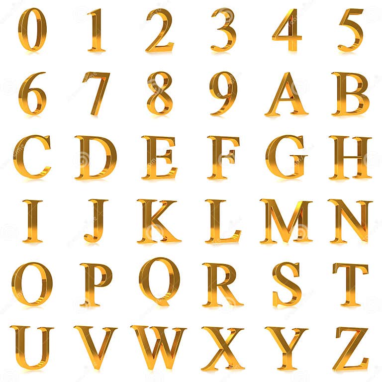 3d Bold Gold Letters and Numbers Stock Illustration - Illustration of ...