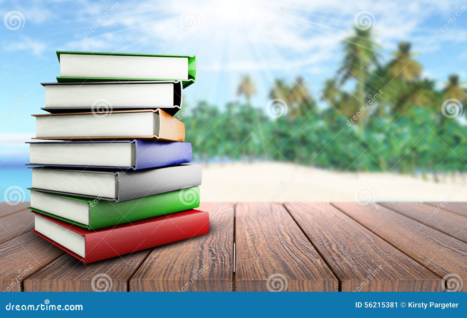 3D Books on Wooden Table Looking Out To Palm Tree Beach Stock ...