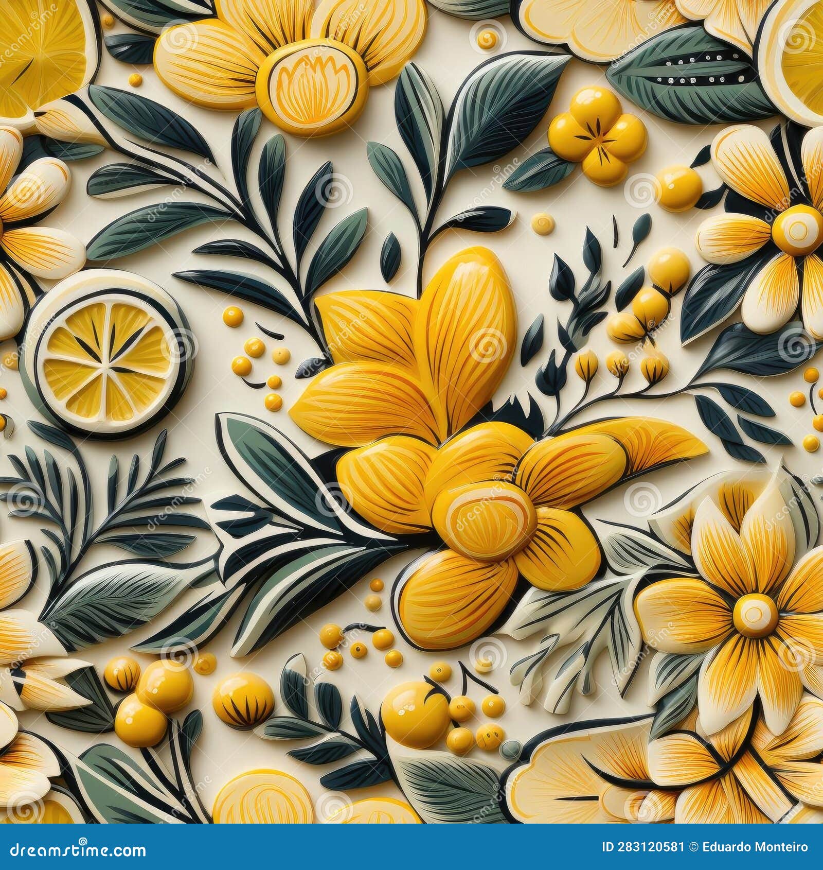 3D Botanical Background with Yellow Flowers and Oranges (tiled) Stock ...