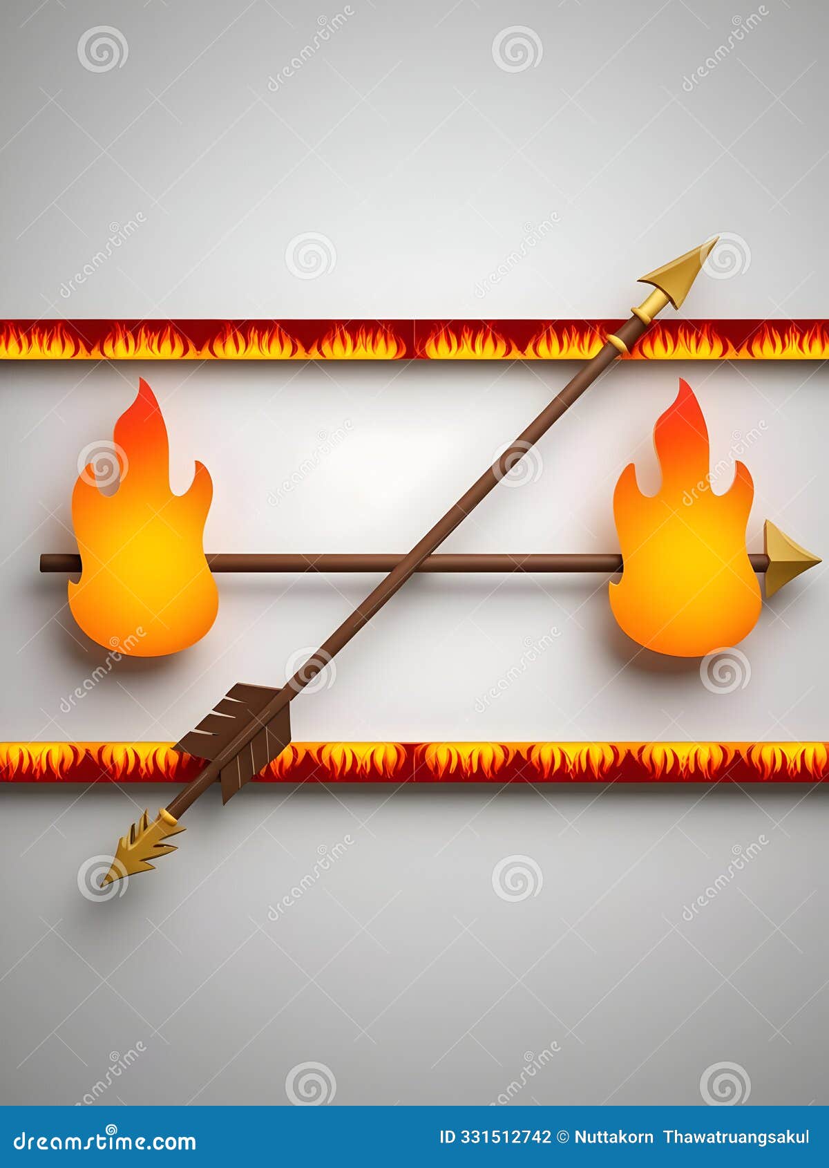 3D Bow and Arrow with Flames Border Concept As Horizontal Frame with a ...