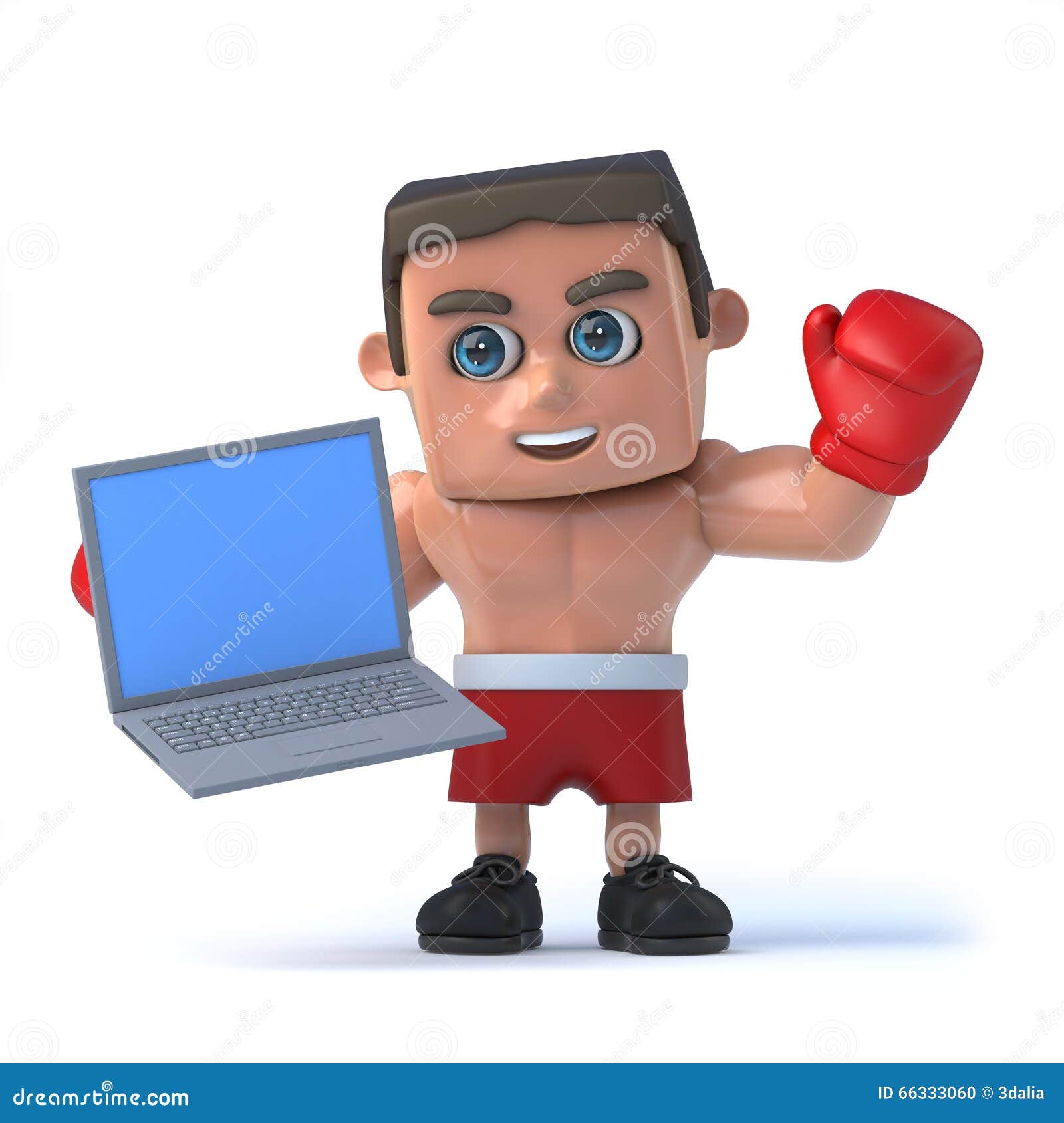 3d Boxer Holding His New Laptop Pc Stock Illustration - Illustration of ...
