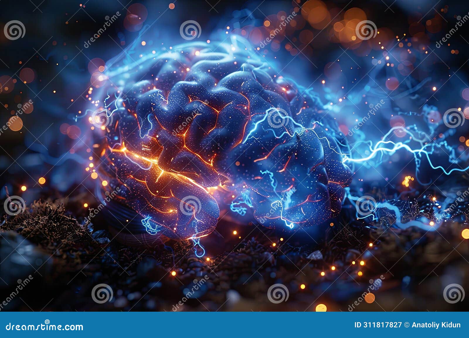 3d Brain Brain in Blue, Electrical Wire, Lightning in Blue, in the ...