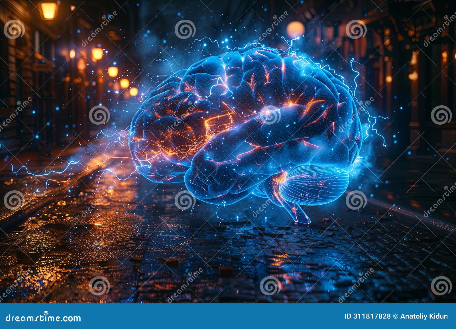 3d Brain Brain In Blue, Electrical Wire, Lightning In Blue, In The ...