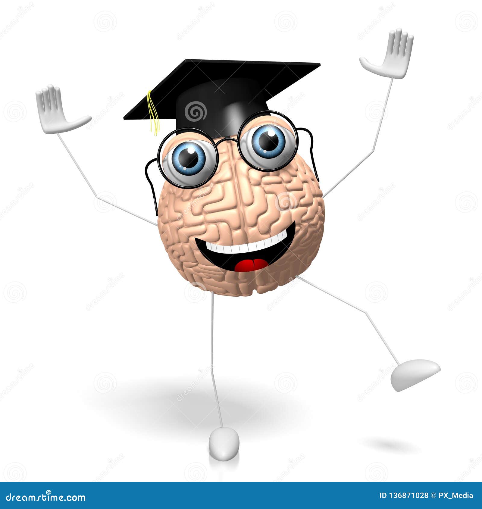 3D Brain Cartoon Character, Graduation Concept Stock Illustration ...