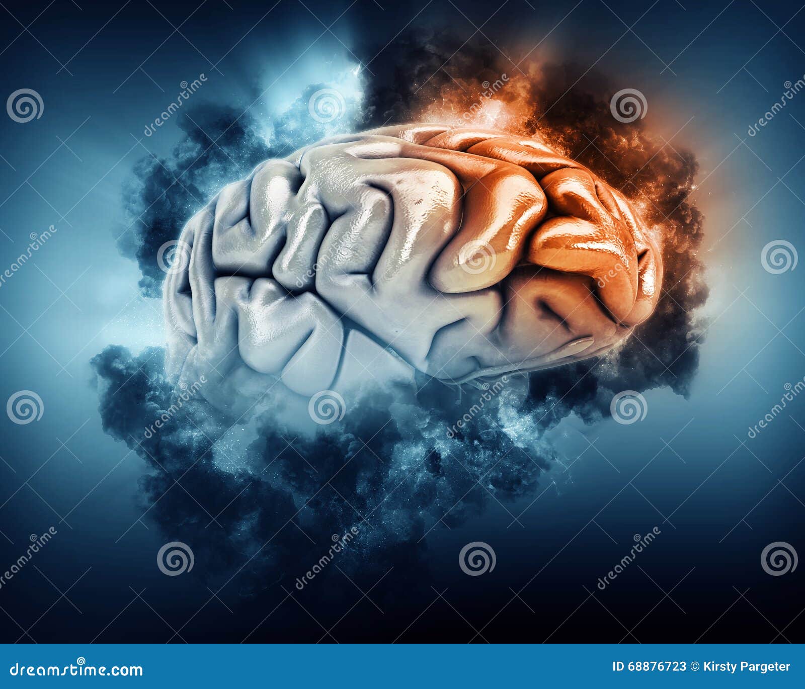 3D Brain with Storm Clouds and Frontal Lobe Highlighted Stock ...