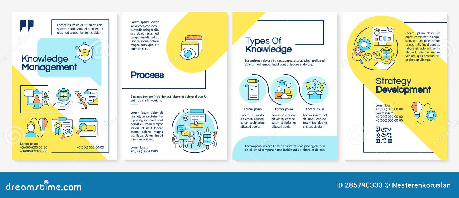 2D Brochure with Knowledge Management Linear Icons Stock Vector ...