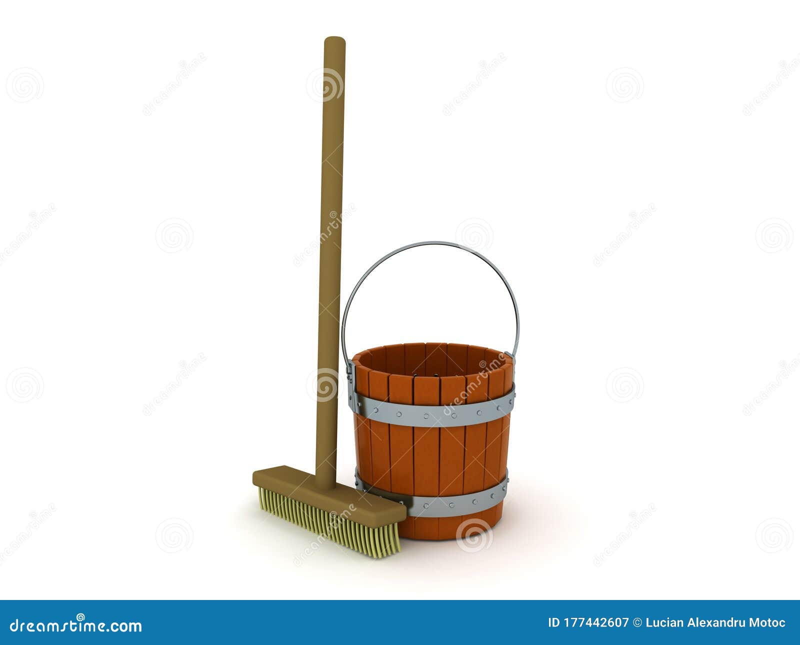 3D Broom and bucket stock illustration. Illustration of weight - 177442607