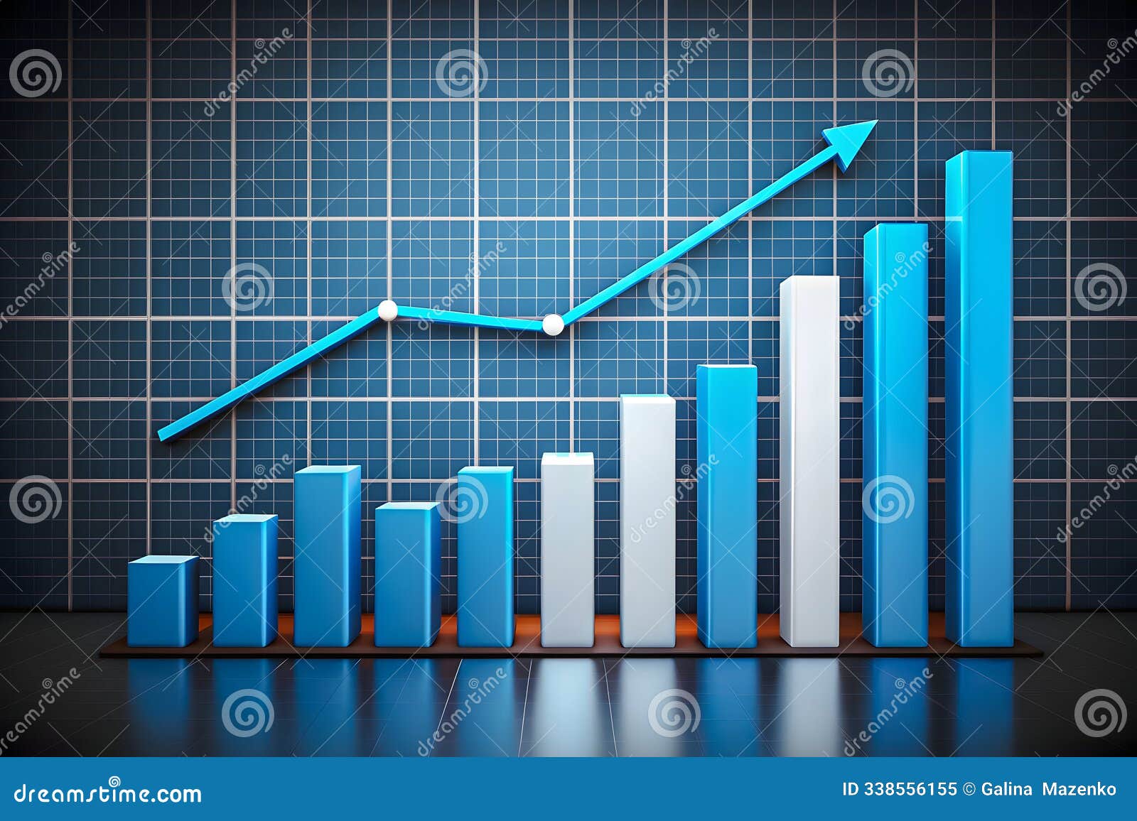 3D Business Chart with Blue and White Bars Showing Progression and a ...