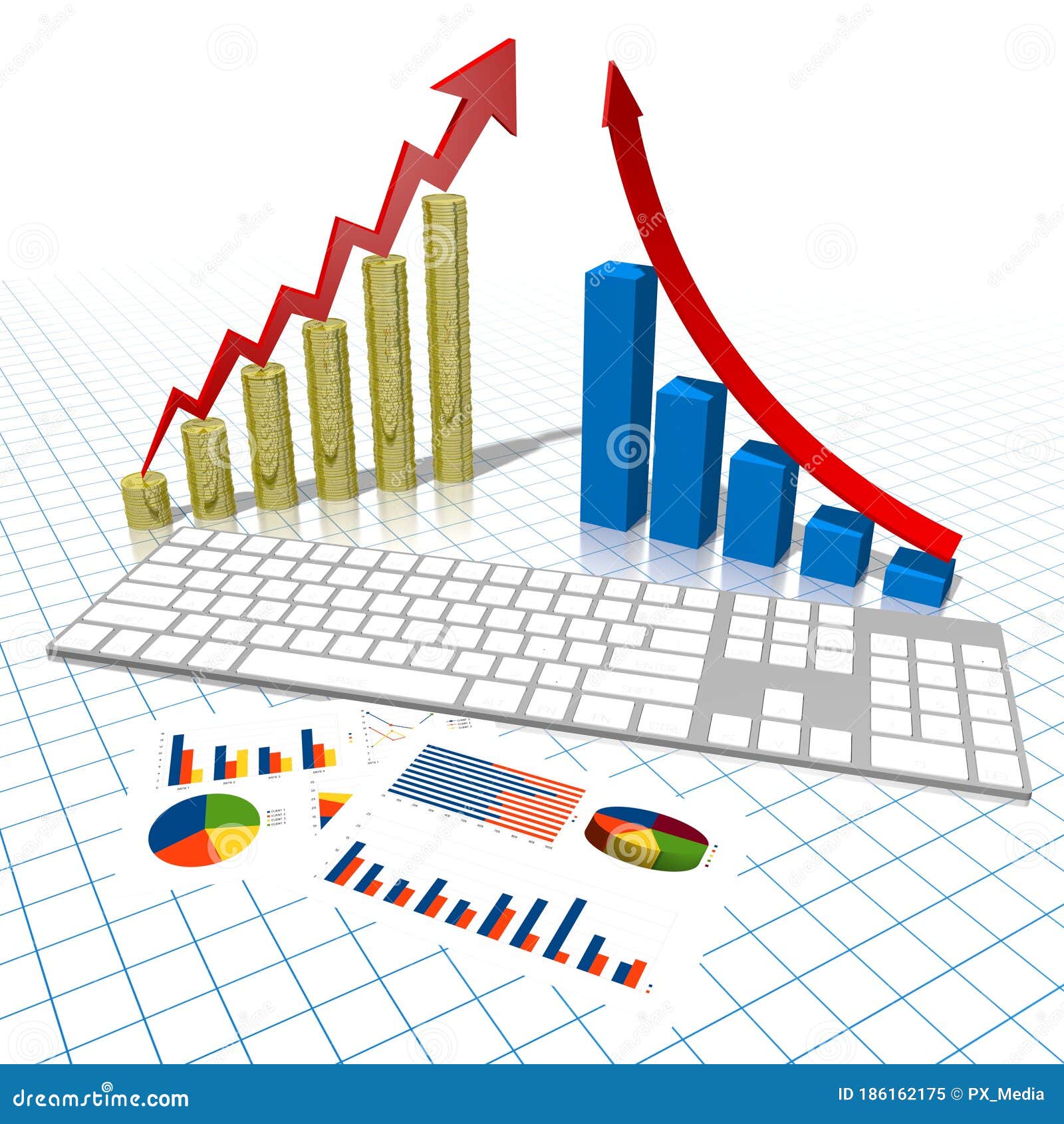 3D Growth Business Charts Illustration, Grid in Background Stock ...