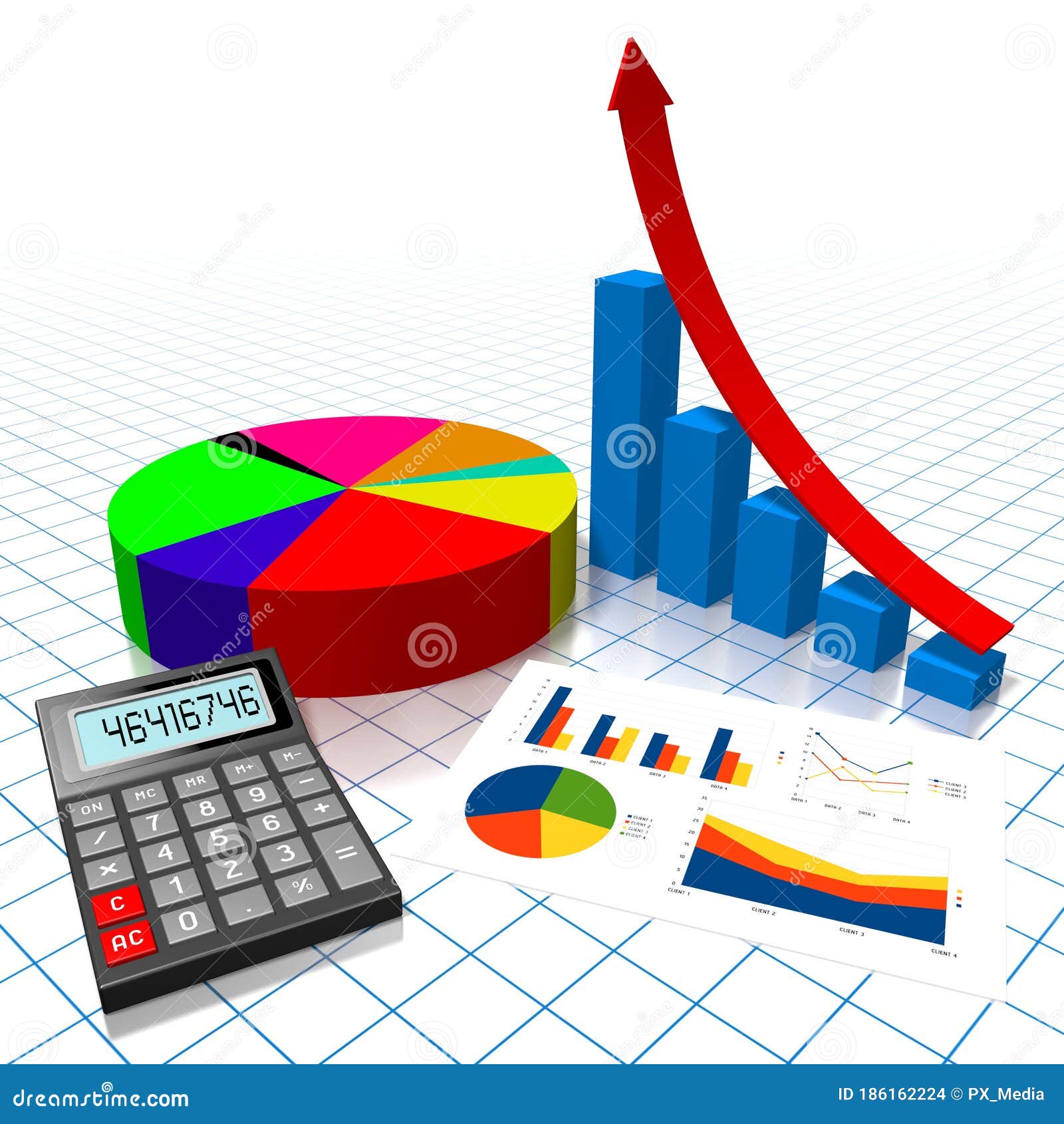 3D Growth Business Charts Illustration, Grid in Background Stock ...