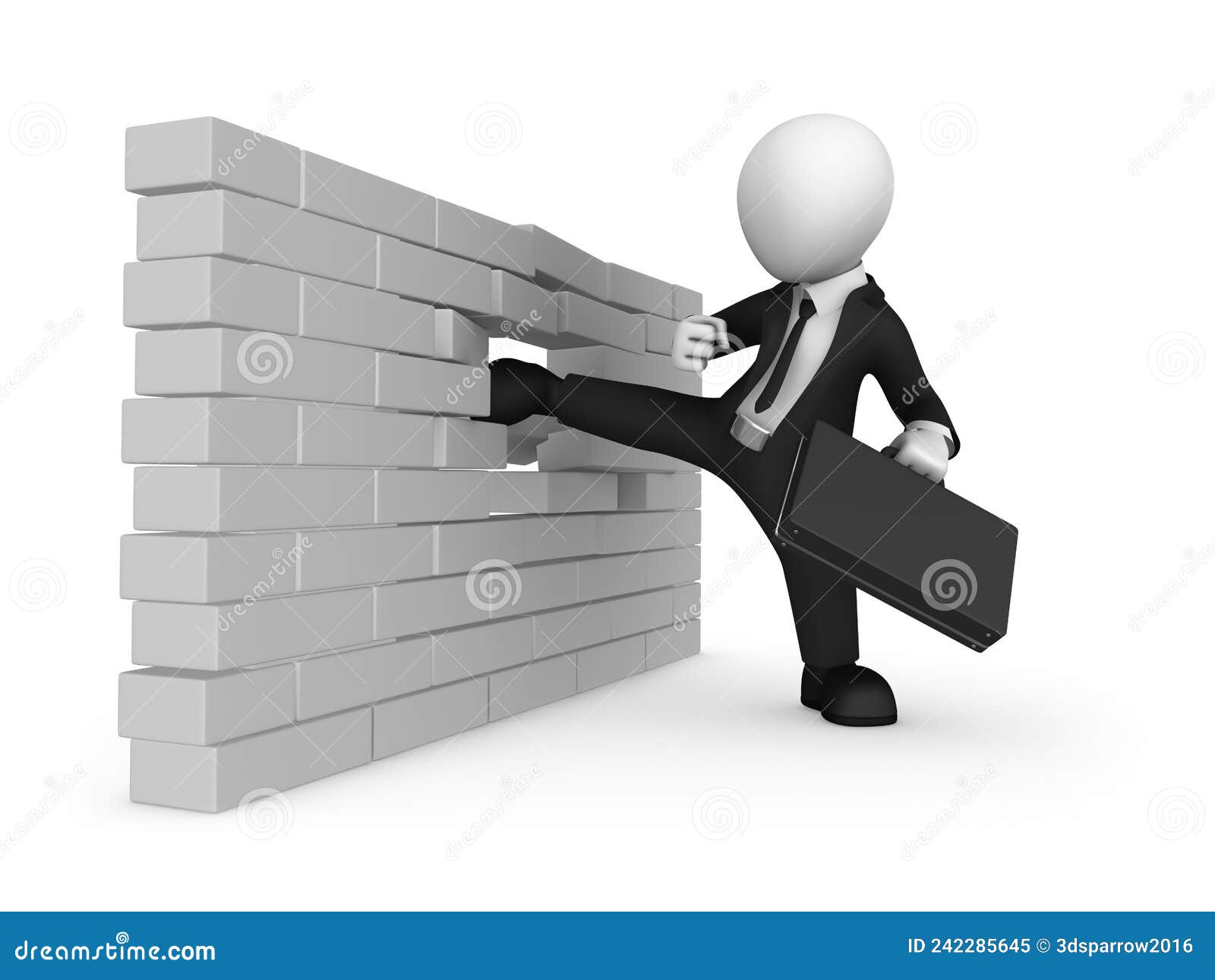 3d Businessman Destroys a Brick Wall with a Kick Stock Illustration ...