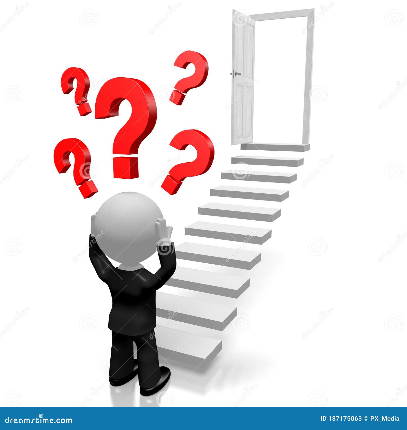 3D Businessman, Question Marks, Steps, Door Stock Illustration ...
