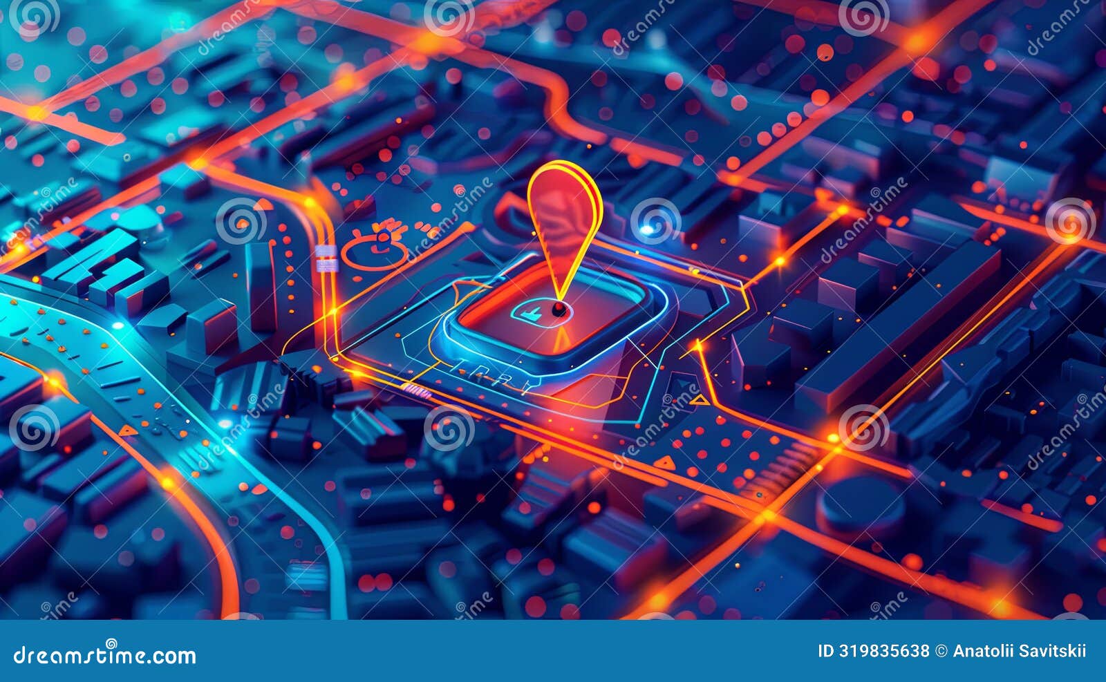 3D Button Placed on Top of an Isometric GPS Tracking Map. Concept of ...