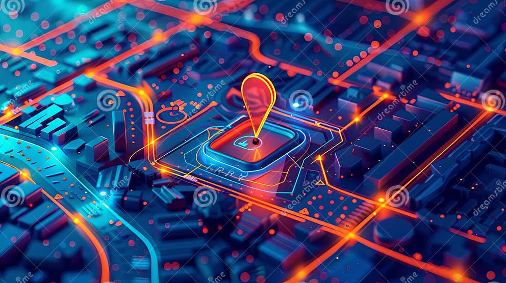 3D Button Placed on Top of an Isometric GPS Tracking Map. Concept of ...