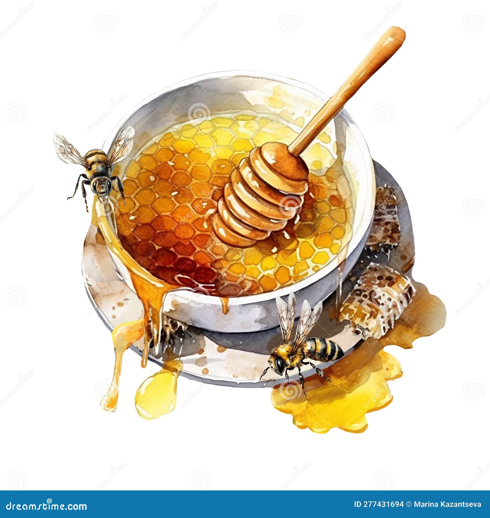 A Cup of Honey, Bees, Honeycombs, Watercolor Illustration, Stock ...