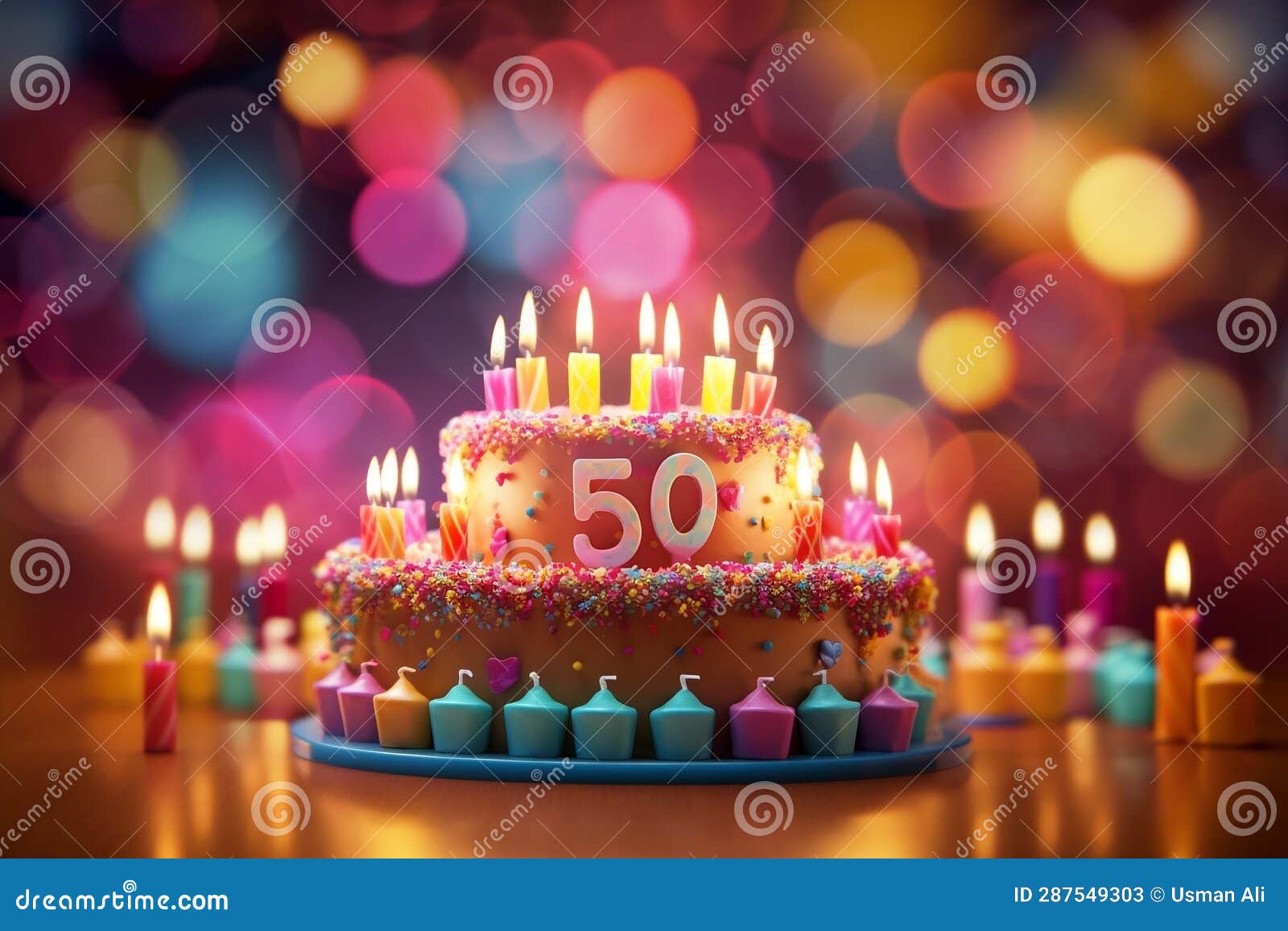 3D Cake with 50 Candles, Colorful Background, Luminous Objects, Bokeh ...