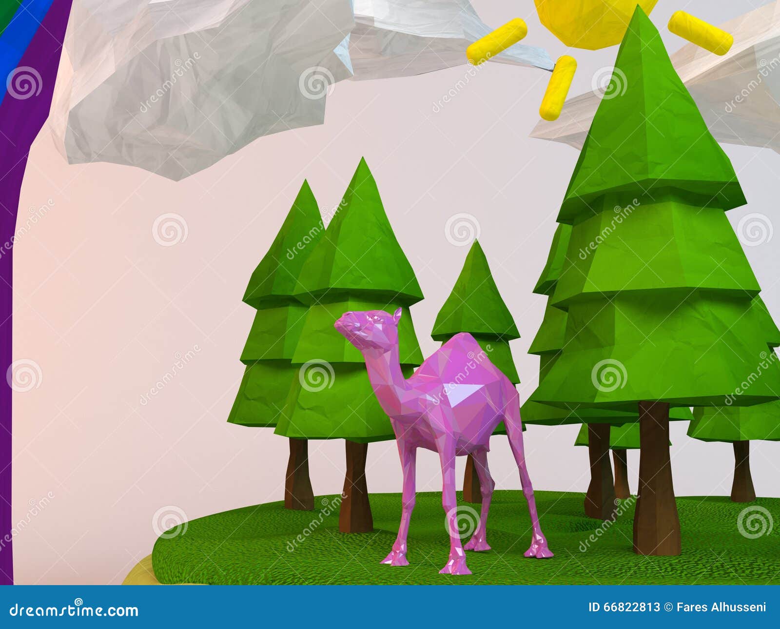 3d Camel Inside a Low-poly Green Scene Stock Illustration ...