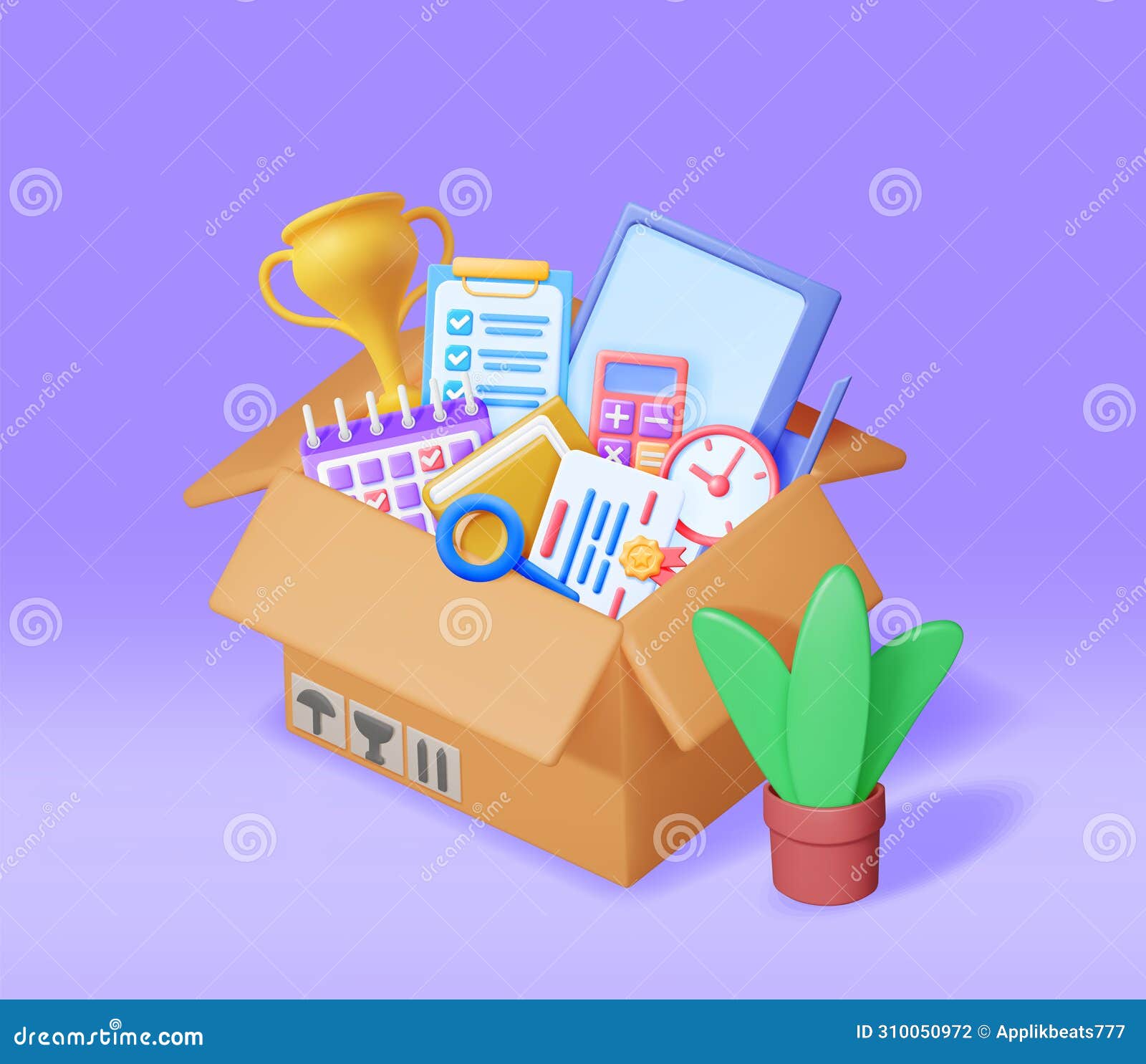 3D Cardboard Box Full of Office Stuff Stock Vector - Illustration of ...