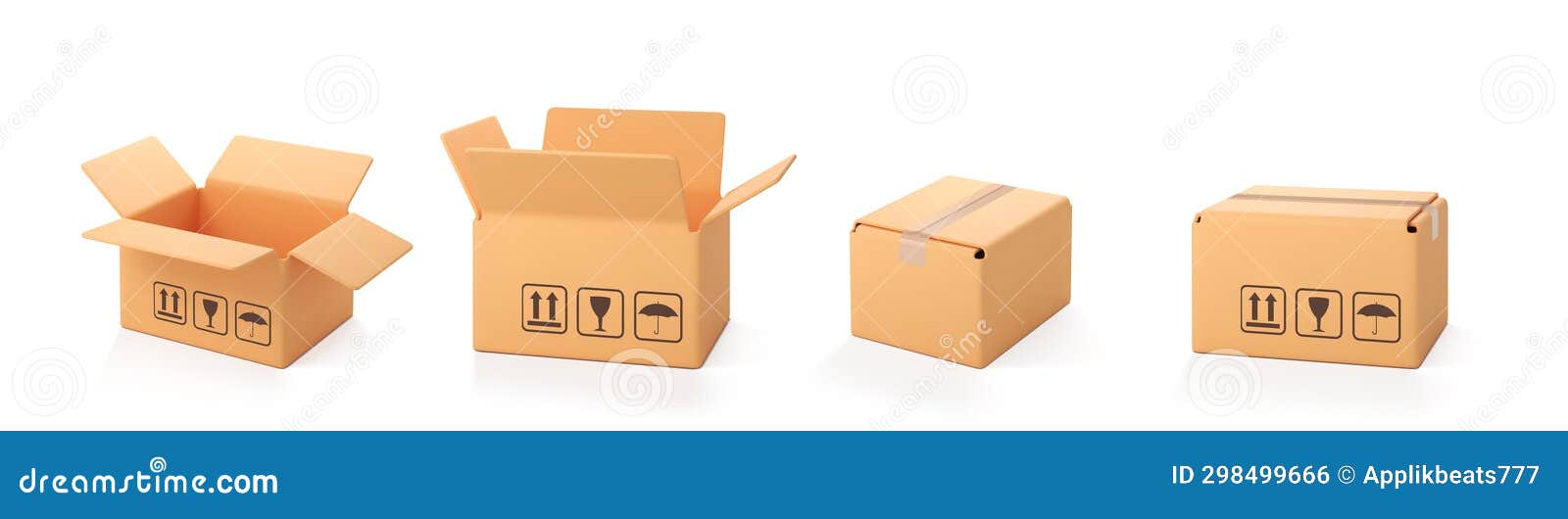 3D Cardboard Open and Closed Boxes Isolated on White Background ...