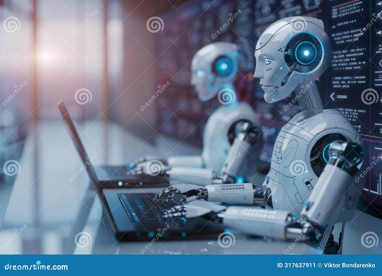 3d Cartoon Robots Working in Computer Stock Illustration - Illustration ...