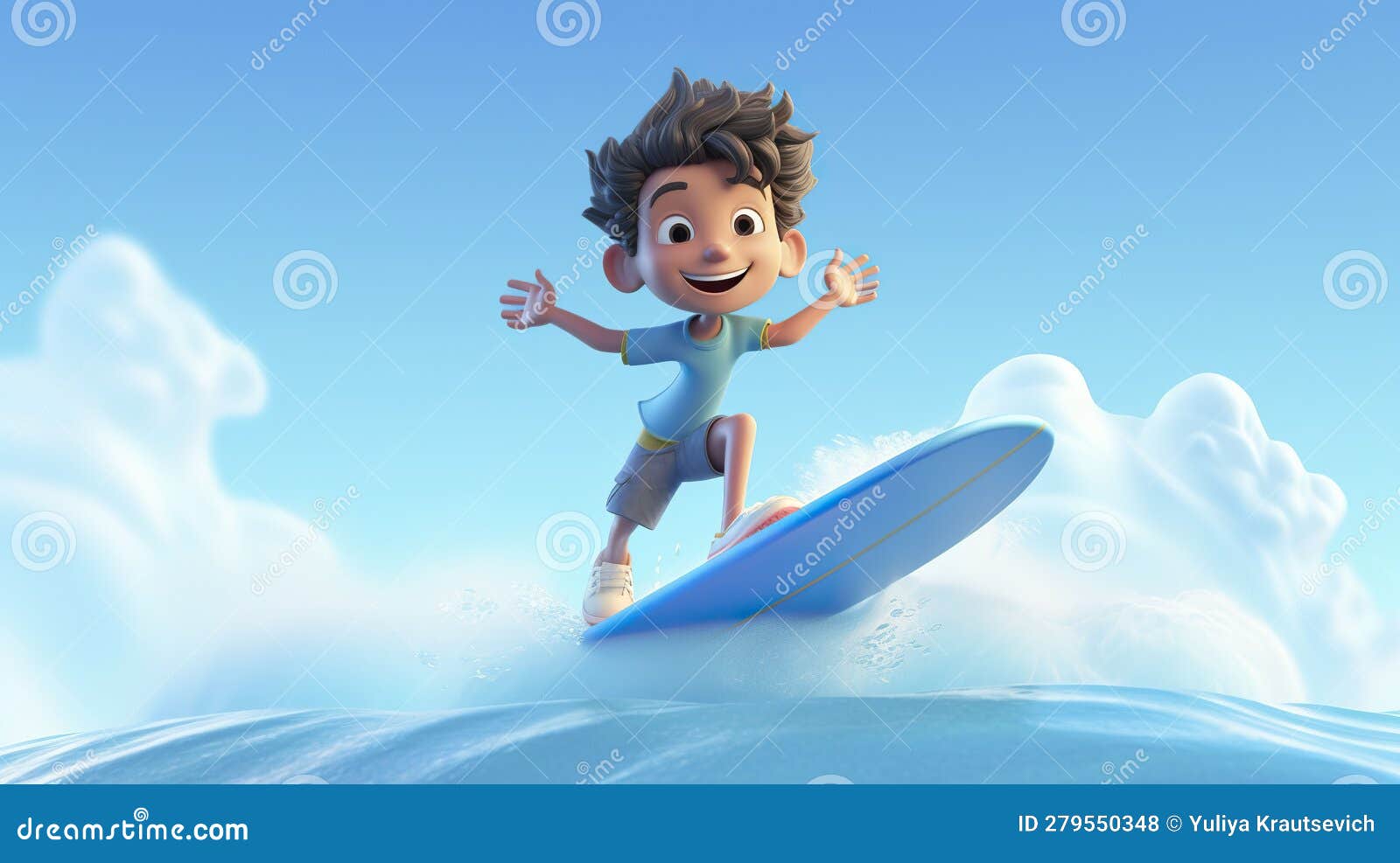 3d Cartoon Boy Riding a Surfboard. Generative AI Stock Illustration ...