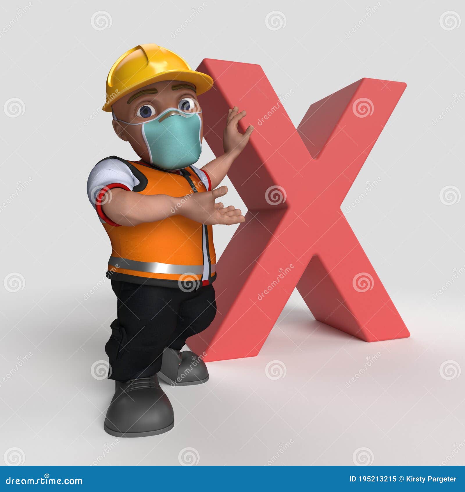 3D Cartoon Builder Character in Face Mask Stock Illustration ...