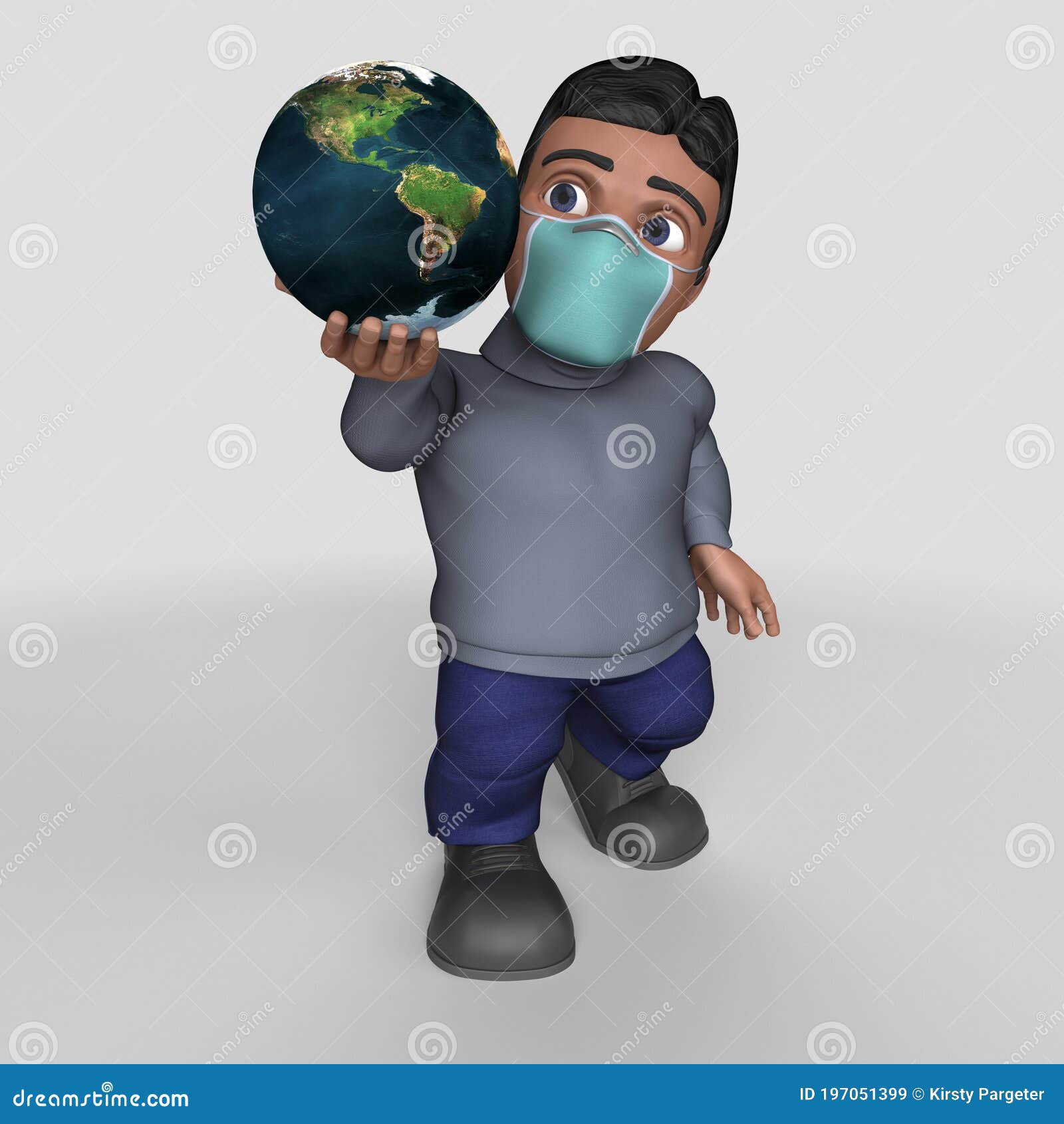 3D Cartoon Casual Character in Face Mask Stock Illustration ...