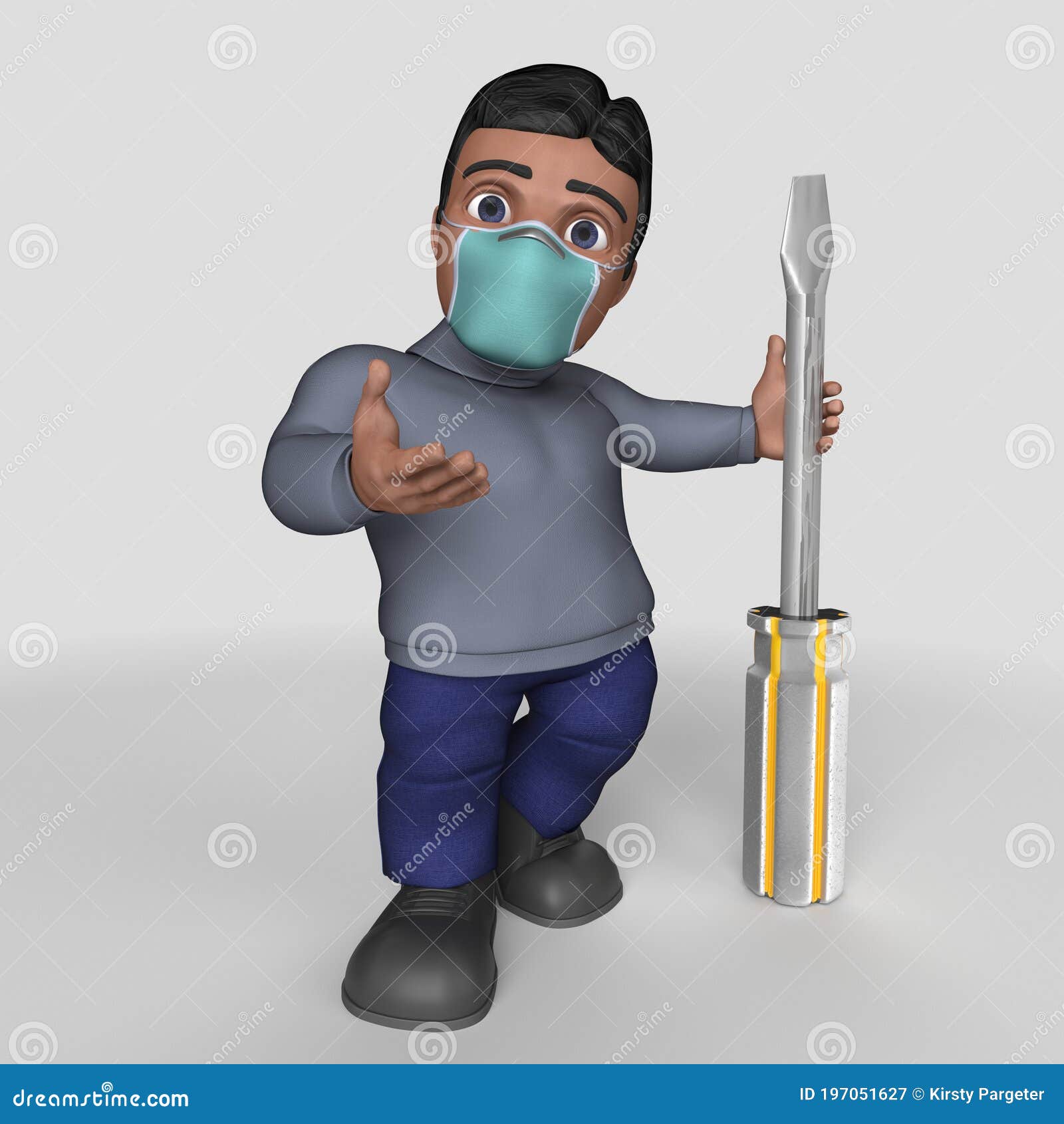 3D Cartoon Casual Character in Face Mask Stock Illustration ...