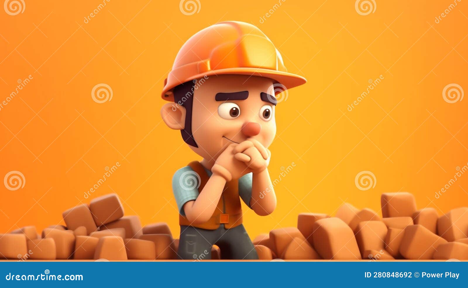 3d Cartoon Character Construction Worker Isolated on Orange Background ...
