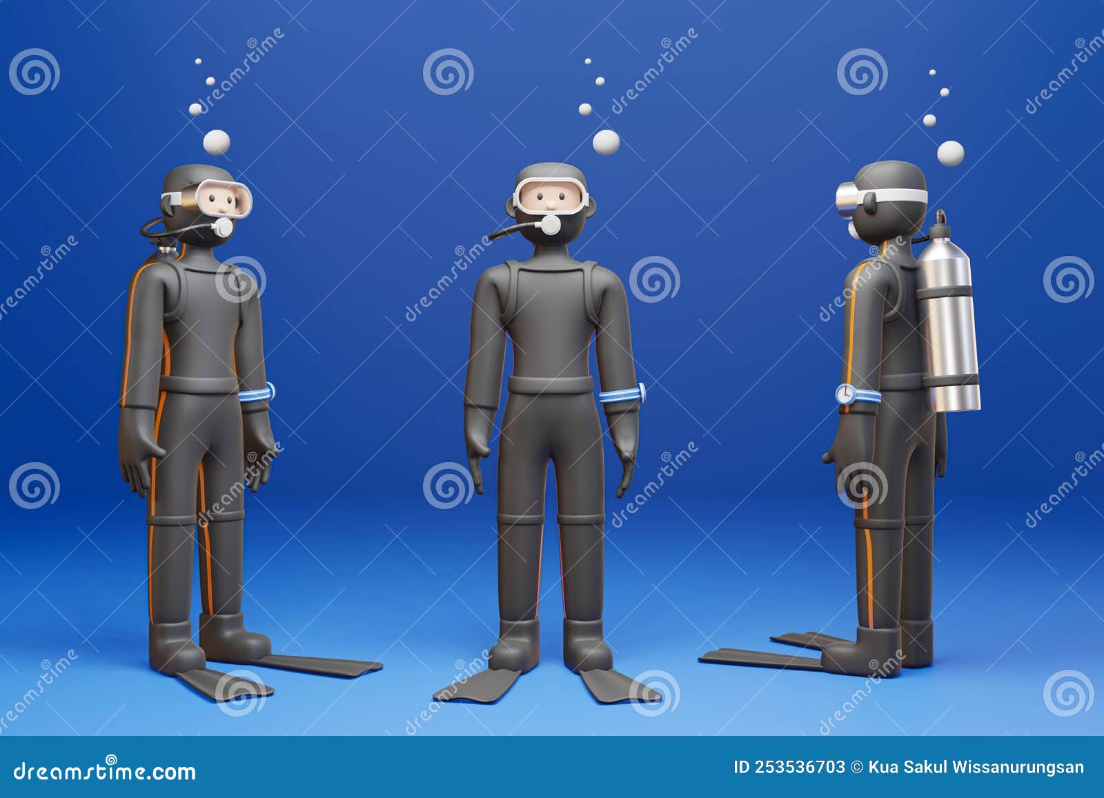 3D Cartoon Character Diver, Diving Equipment Stock Illustration ...