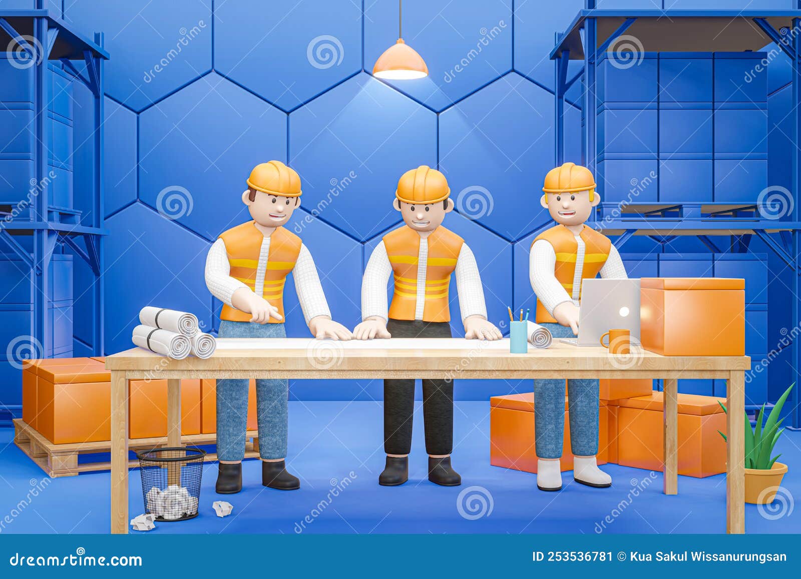 3D Cartoon Character Engineers Team and Architect Working and Looking ...