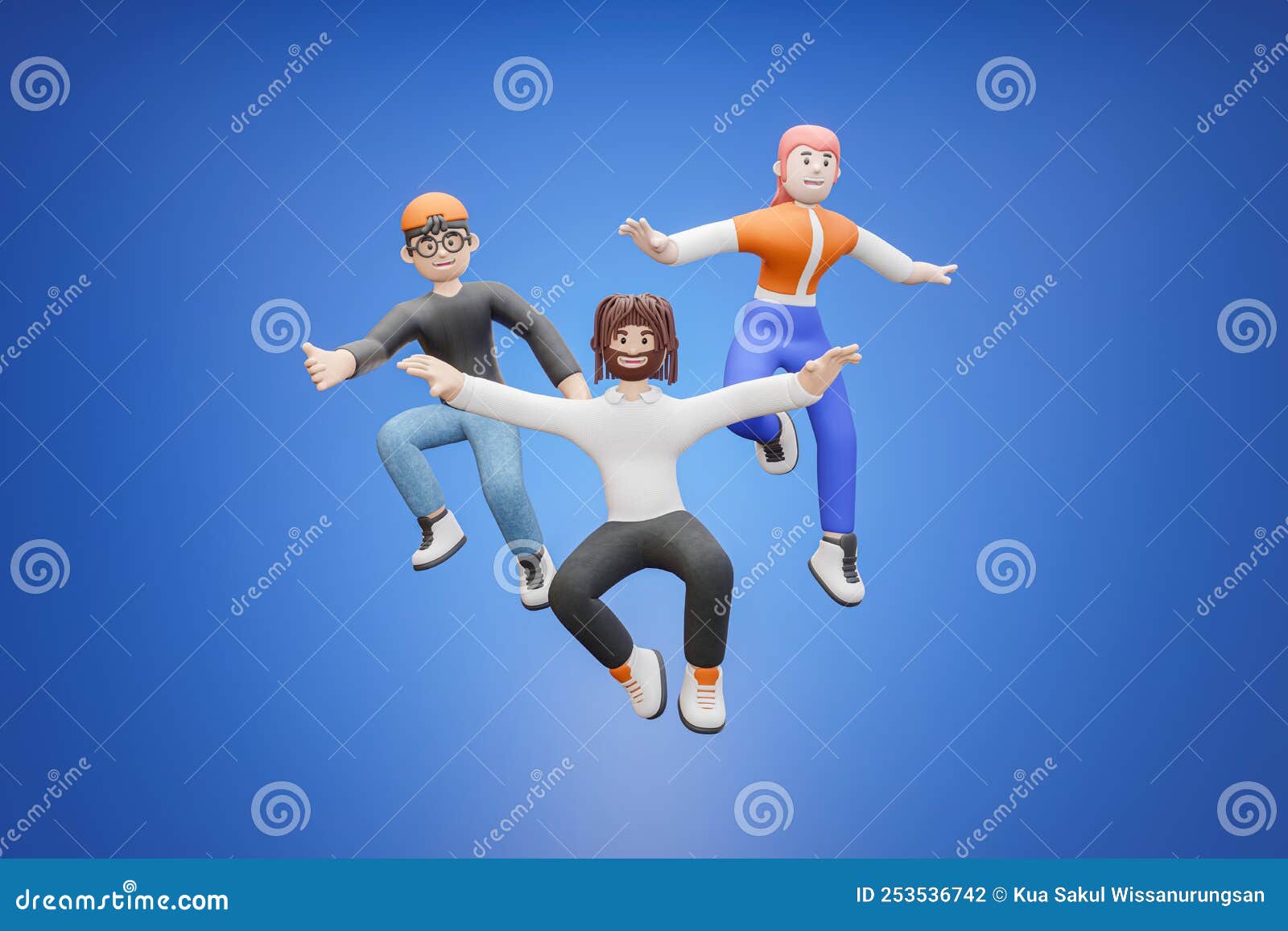3D Cartoon Character a Group of Friends Jumping into Teamwork Stock ...