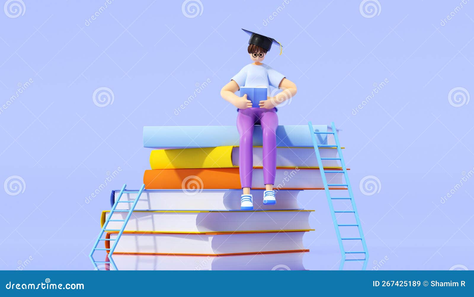 3d Cartoon Character Learning Scene Set on Book Stock Illustration ...